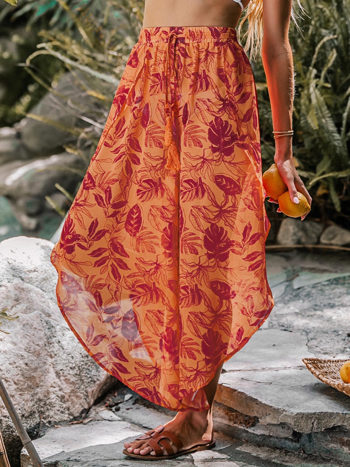 CUPSHE Women's Tropical Leaf Print Tassel Tie Cover-Up Pants Mixi Beachwear