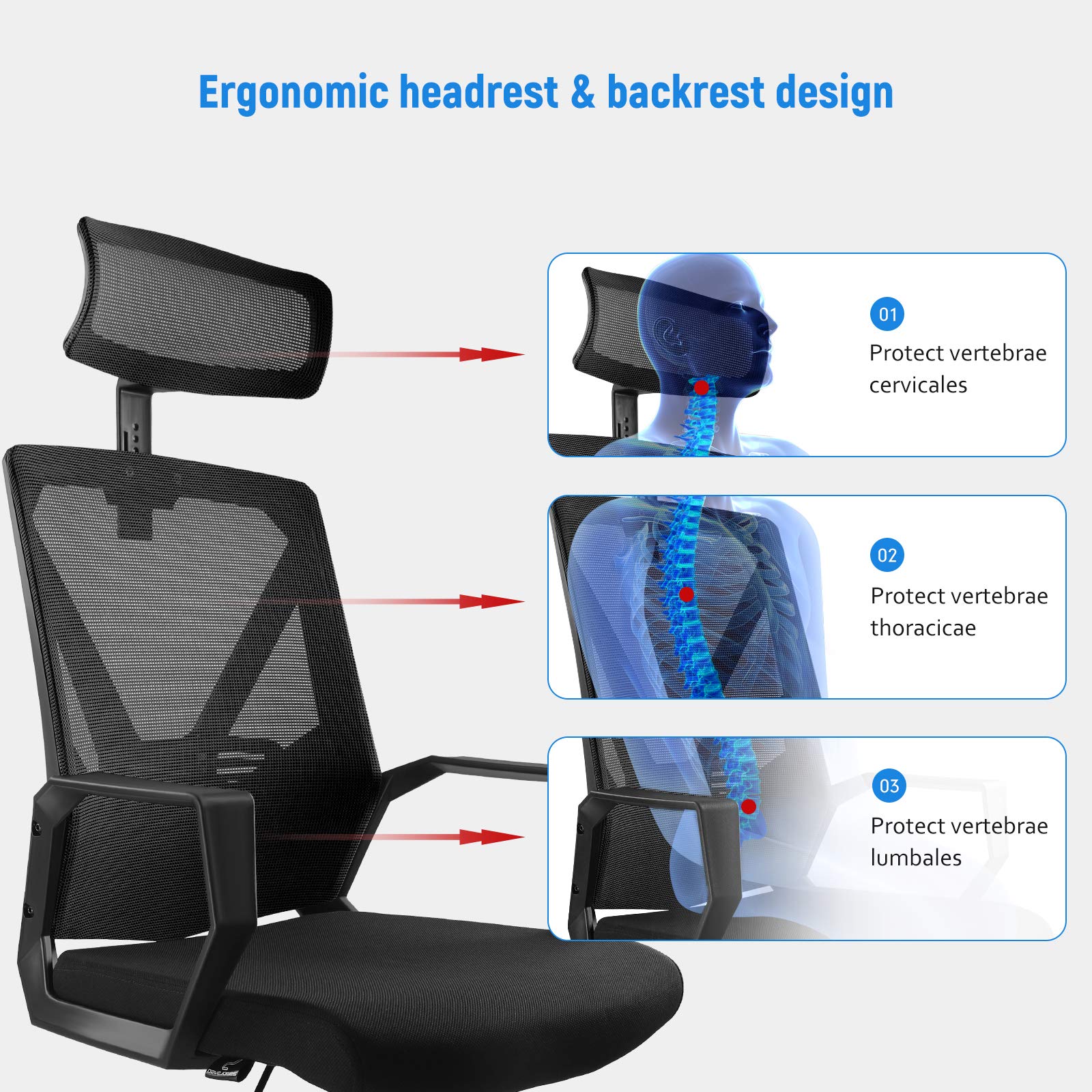 DAVEJONES Office Chair Desk Chair - Computer Ergonomic High Back Mesh Chair, Pure Memory Foam Adjustable Headrest Lumbar Support Gaming Rolling Chair (Black)