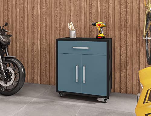 Manhattan Comfort Eiffel 3-Piece Storage Garage Set in Matte Black and Aqua Blue