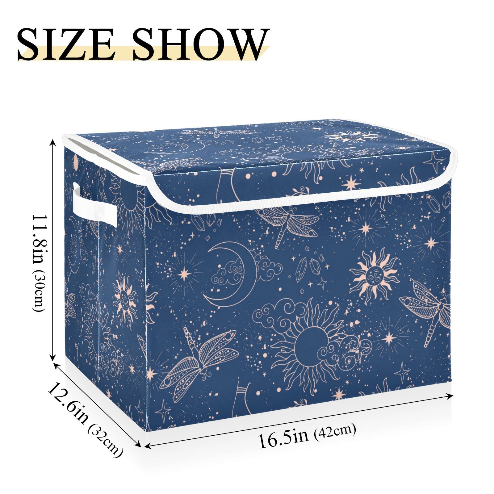 DOMIKING Boho Moon Sun Dragonfly Collapsible Storage Bins with Lids Decorative Lidded Basket for Toys Organizers Rectangular Fabric Storage Boxes with Handles for Nursery Books Shelves Office