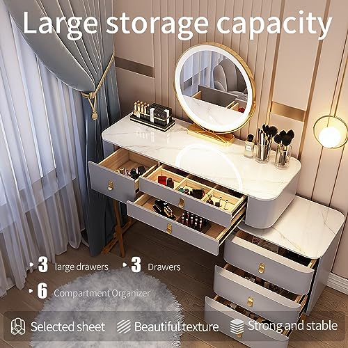 Winfree Makeup Vanity Table with 5 Solid Wood Drawers and Vanity Chair, 3 Color Light Adjustable Brightness, Including LED Makeup Mirror,for Family Bedroom, for Her (31.5β)