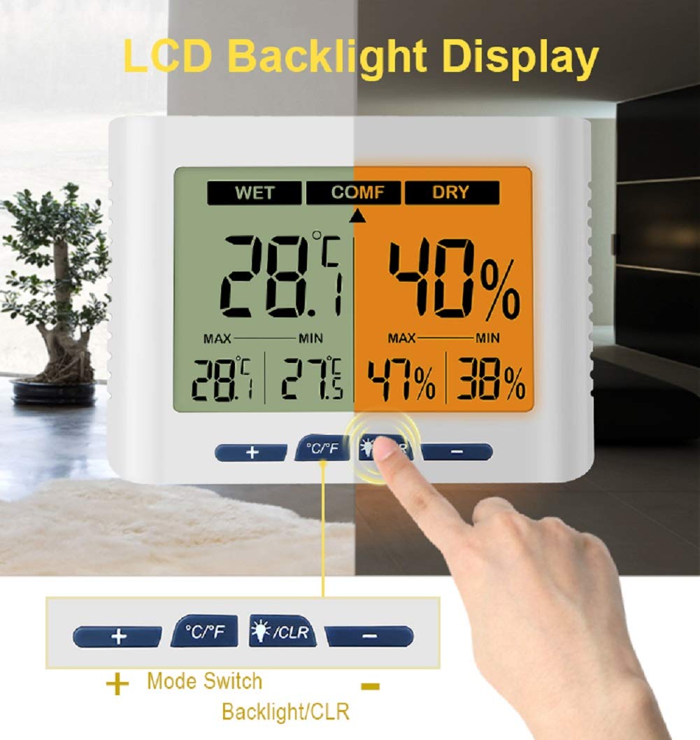 Digital Hygrometer Indoor Thermometer, Temperature Humidity Gauge with Backlit Accurate Monitor Clear Reading, °C/°F Switch, Accuracy Calibration, Max/Min Records, Ideal for Home, Office - White