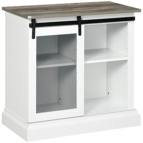 HOMCOM Farmhouse Kitchen Sideboard, Buffet Cabinet with Sliding Barn Door and Adjustable Shelves for Living Room, White