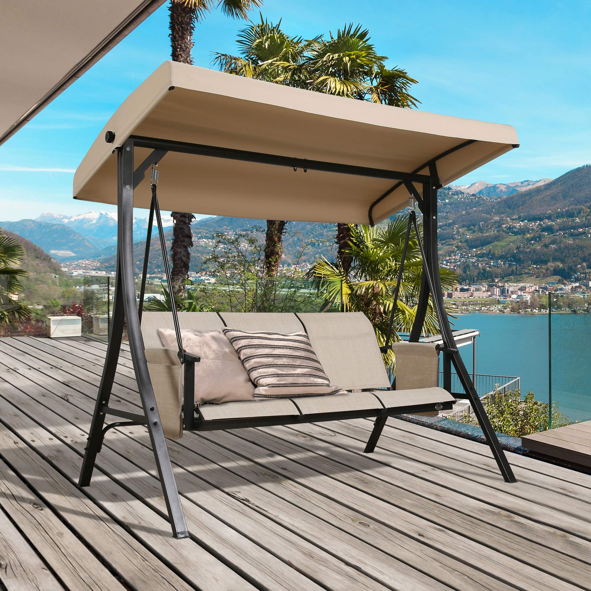 Patio 3-Seat Textilene Porch Swing, Outdoor Swing Glider with Stand and Adjustable Polyester Canopy (Beige)