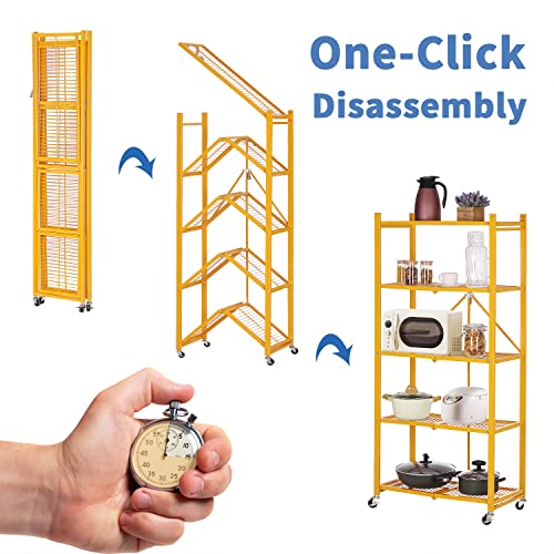 ShanSon Storage Shelves with Wheels 5 Tier Heavy Duty Foldable Metal Rack Storage Shelving Units for Garage Kitchen,Yellow