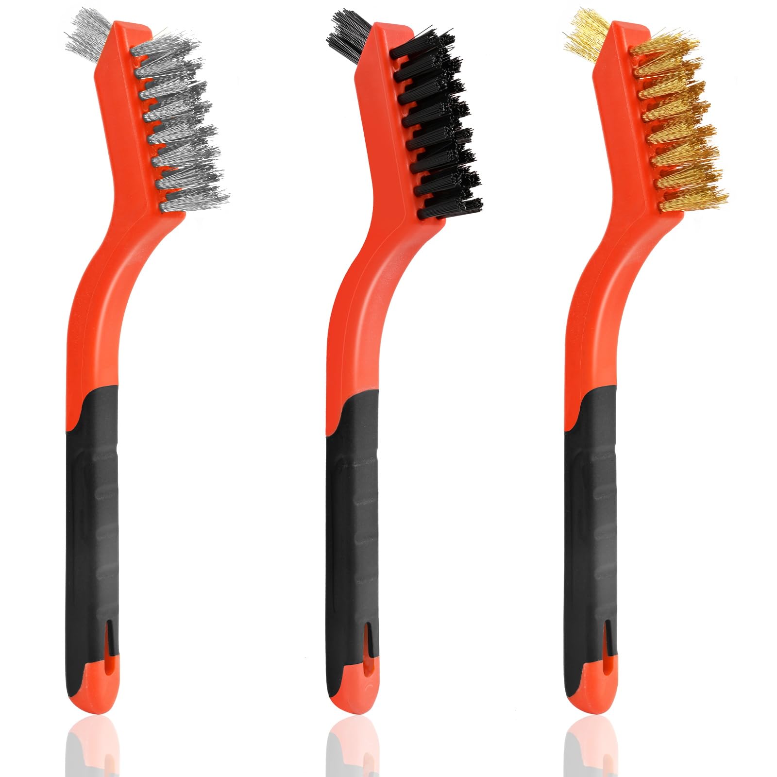 IEGREMAR 3pcs Wire Brushes for Cleaning Rust, Upgrade Wire Brush Set - Brass/Stainless Steel/Nylon Bristles, Small Metal Wire Brush with Curved Handle Grip, Wire Brushes for Paint and Stain, 7 Inches
