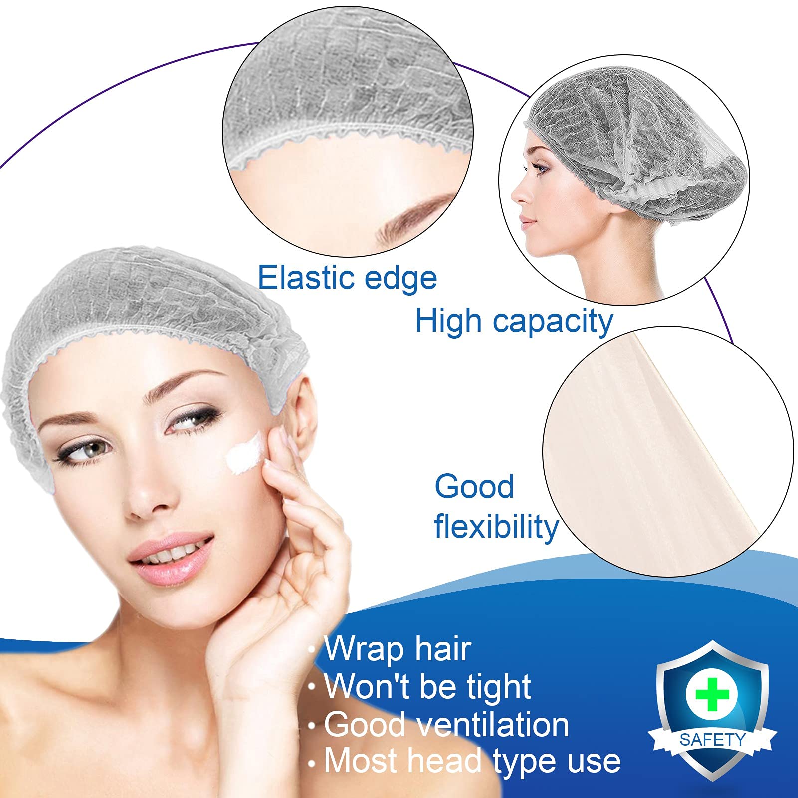 Disposable Bouffant Caps 100 Pcs,21inches Hair Net, Elastic Dust Cap for Food Service, Kitchen Head Cover (White)
