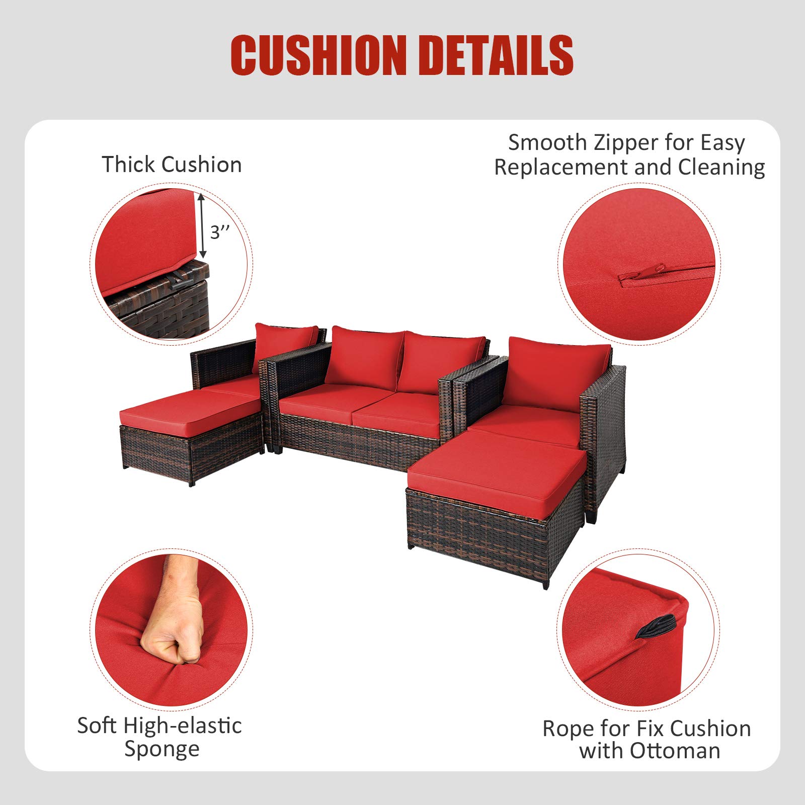 Tangkula 5 Pieces Patio Furniture Set, Outdoor Rattan Sofa Set w/Removable Cushions, Wicker Loveseat w/Single Sofa and Ottoman, Sectional Sofa Conversation Set for Backyard, Garden, Poolside (Red)