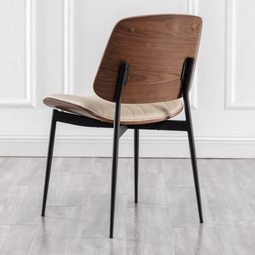 LUNLING Dining Chairs Set of 2 Mid Century Modern Retro Faux Leather Chair with Walnut Bentwood Upholstered Seat Metal Legs Adjustable Foot for Kitchen Dining Room Chairs(Beige)
