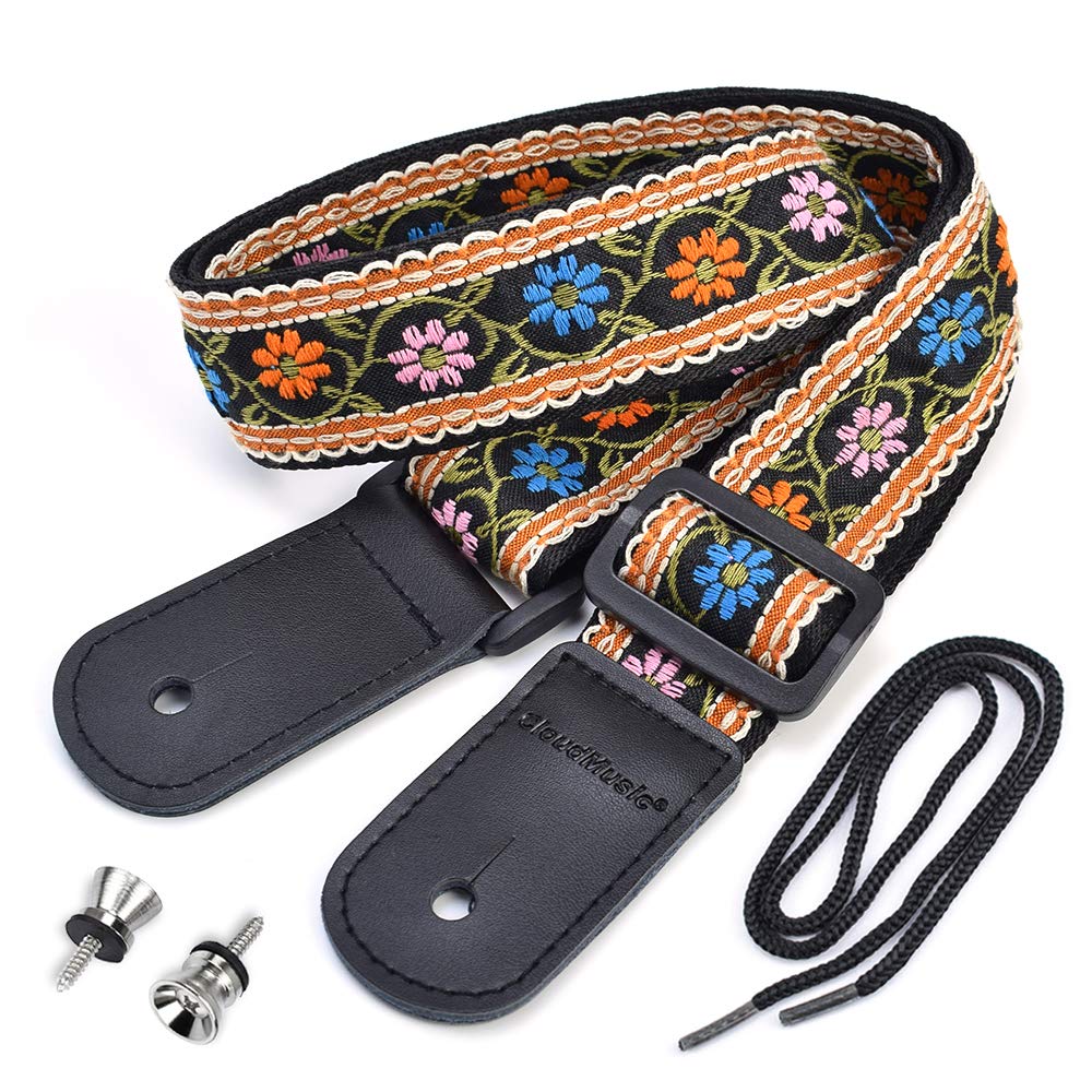 CLOUDMUSIC Tenor Concert Soprano Baritone Ukulele Strap Coloful Hawaii Floral Jacquard For Adult Size And Kids(Blue Orange Pink Flowers)