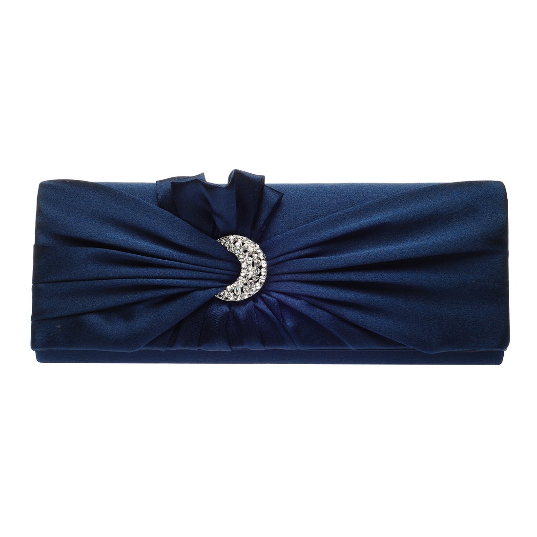 Damara Womens Pleated Satin Moon Shape Crystal Clutch Evening Bag, Navy Blue