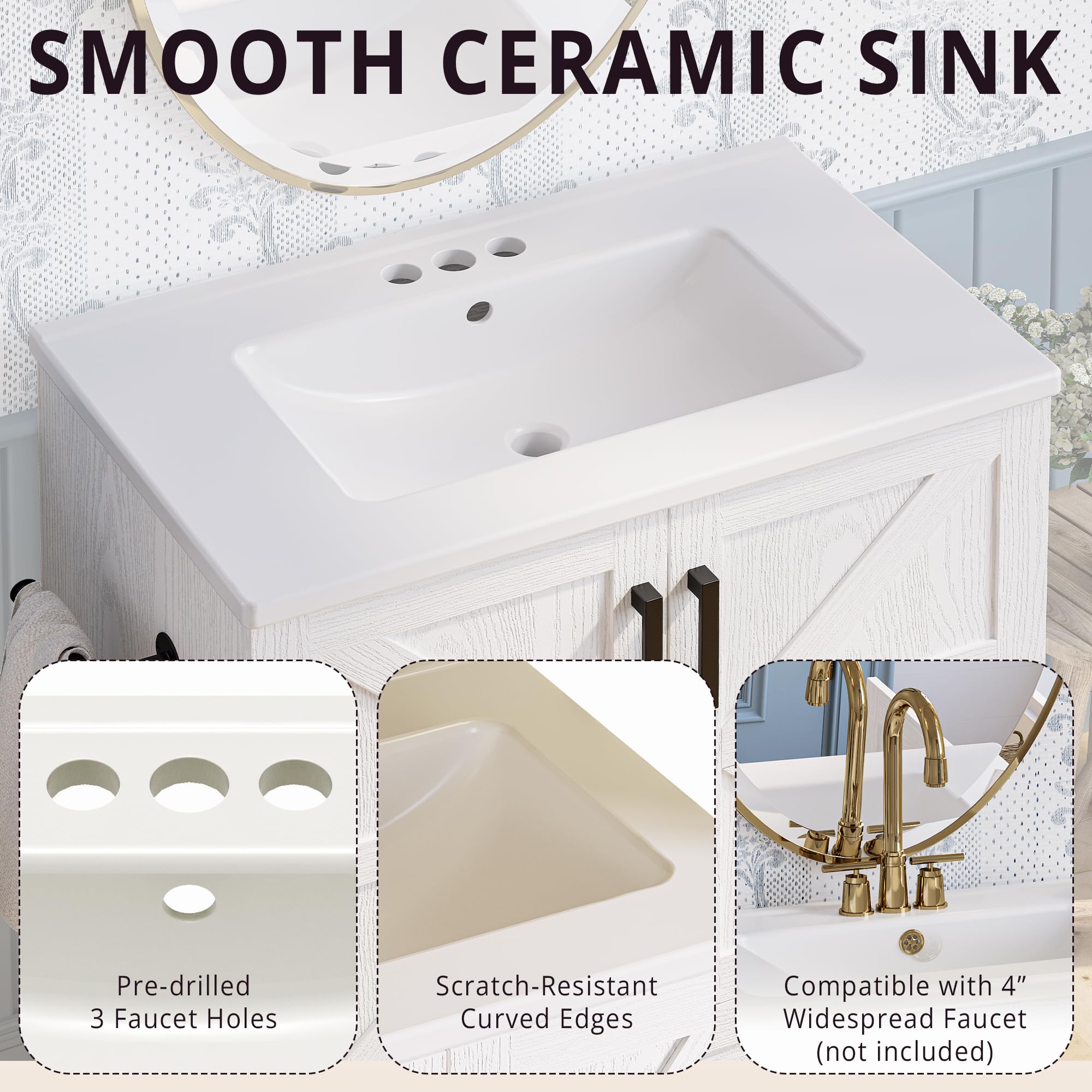 IRONCK Bathroom Vanity, 24" Bathroom Vanity with Sink, Farmhouse Wood Fixture Stand Pedestal Bathroom Cabinet with Drawer, Easy Assembly