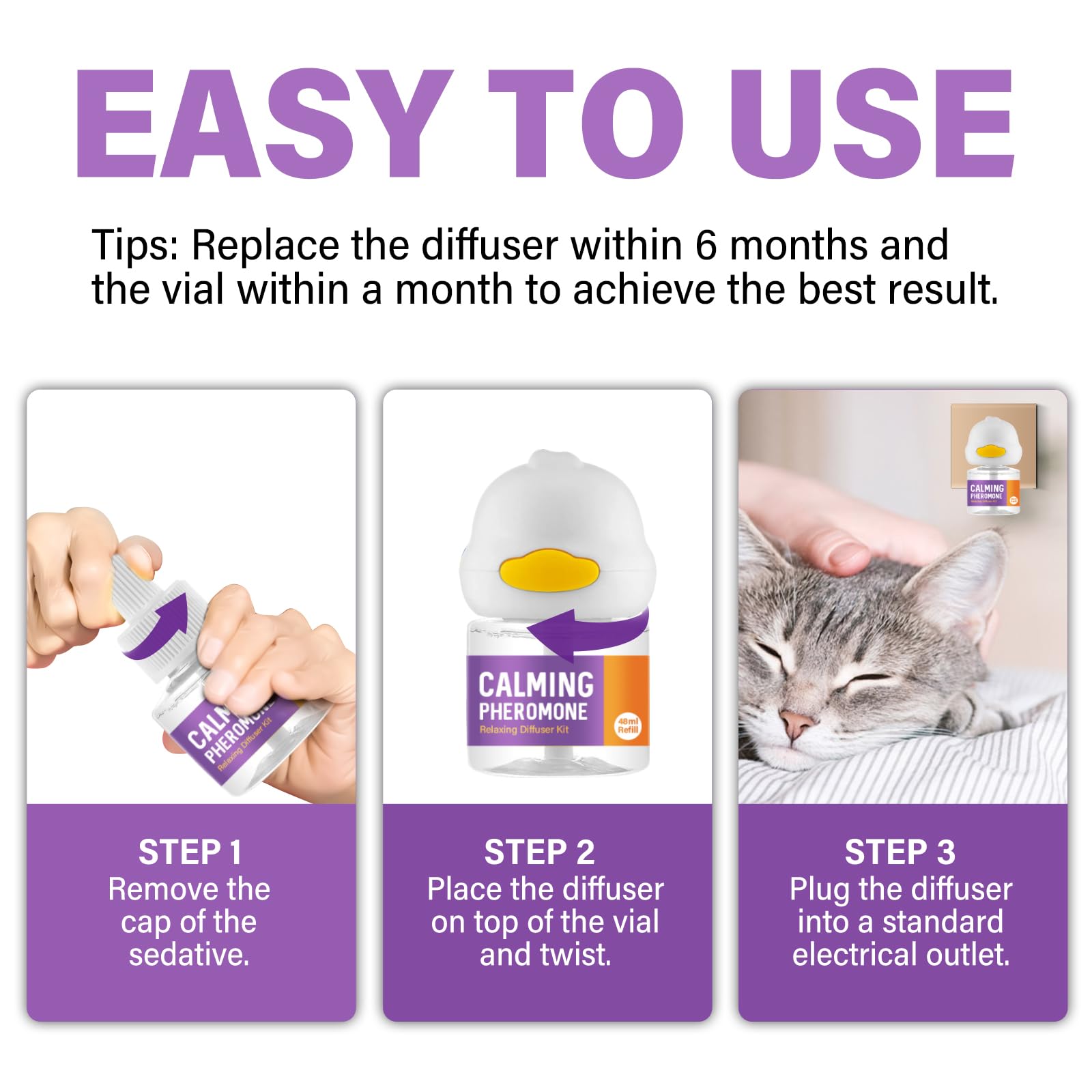NHZ Cat Calming Diffuser, Release Sustained Pheromone, Reduce Cat Stress in New Environment, 60 Days Long Lasting - 1 Diffuser Head & 2 Pcs Vial
