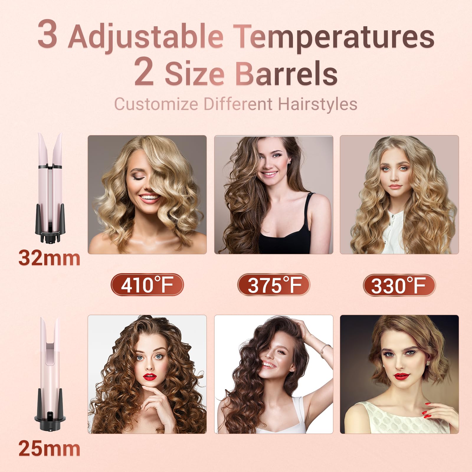 Curlicue Automatic Curling Iron Hair Curler,Replaceable Curling Wand w/ 2 Sizes Barrel (1'',1.25'') & 3 Temps,Hair Waver w/ Anti-Tangle & Auto-Off,Double Voltage Rotating Curling Iron Long Hair-Rose