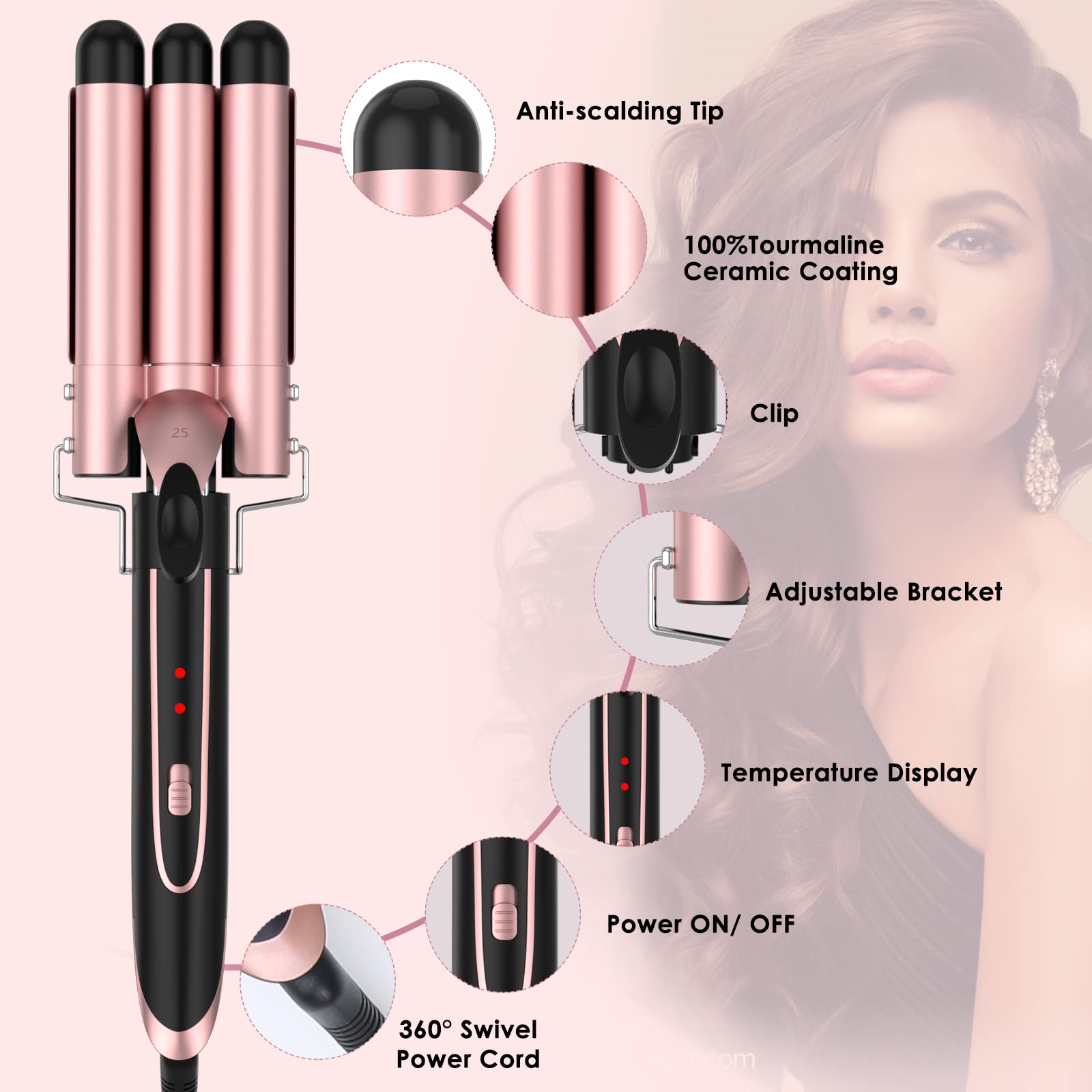 Curling Iron, 5 in 1 Curling Wand Set with 3 Barrel Hair Crimper Hair Tool & 4 Interchangeable Ceramic Curling Wand(0.35β-1.25β), 2 Temps, Instant Heating, Include Heat Protective Gloves & 2 Clips