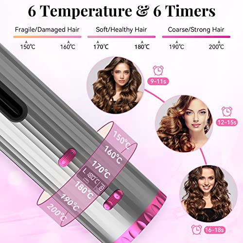 Cordless Hair Curler, Automatic Curling Iron with 6 Temps & Timer, Automatic Hair Curler, Ceramic Barrel Cordless Curler, Fast Heating Spin Curling Irons for Beginners