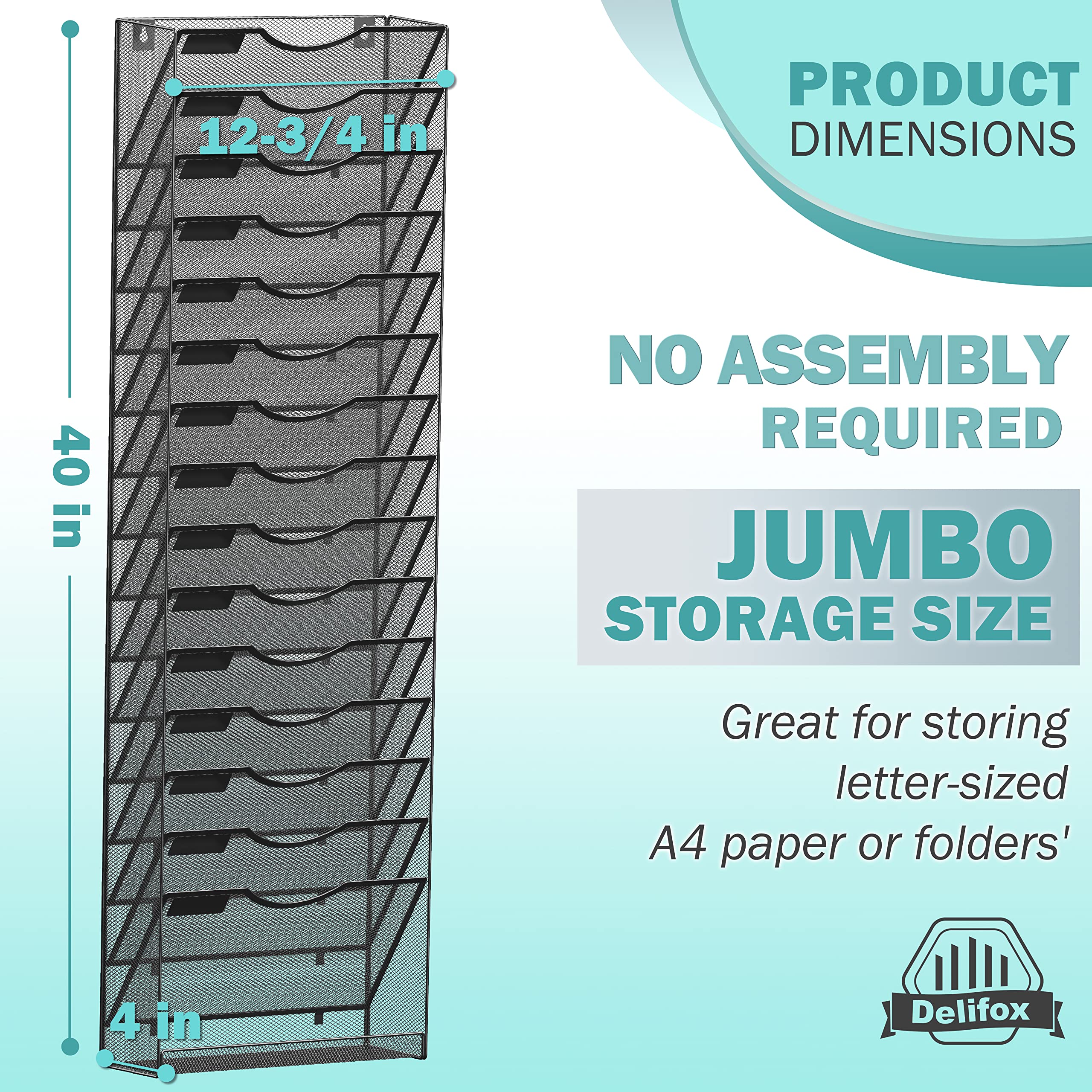 Delifox 16-Tier Wall Mounted Hanging File Organizer Wall File Holder Metal Mesh Vertical Magazine Rack Classroom Office Organization