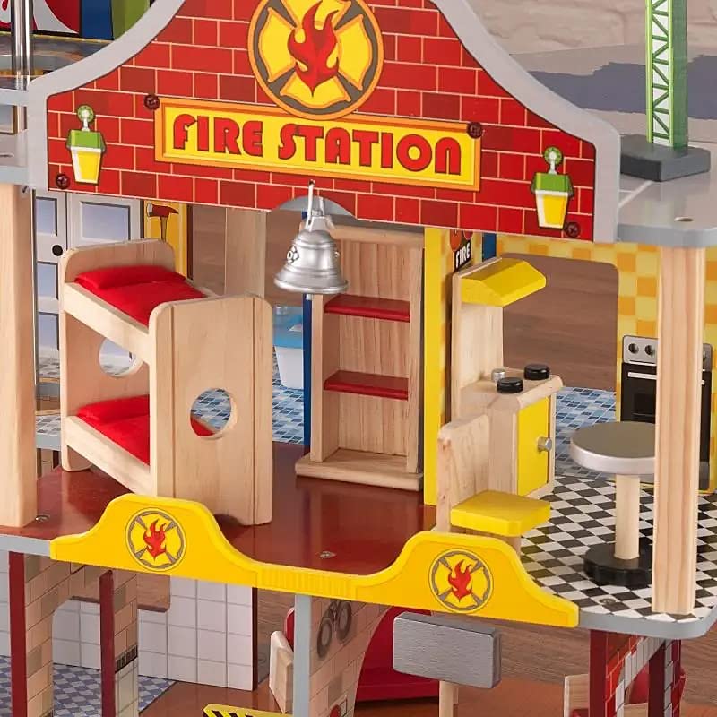 KK 63214 Deluxe Wooden Fire Rescue Play Set with Ambulance, Fire Truck, Helicopter, Firefighters, 27 Pieces, Gift for Ages 3+