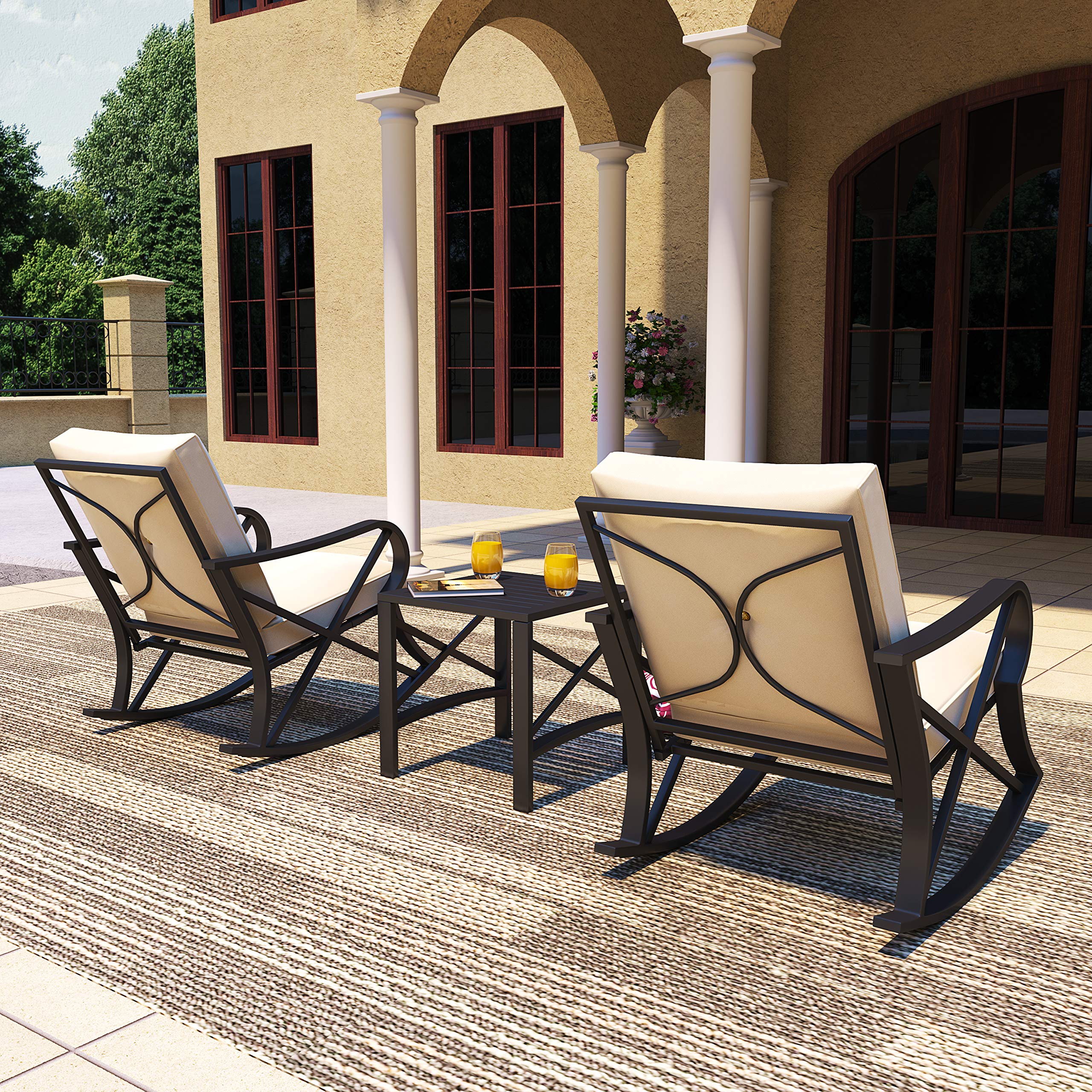 PatioFestival Rocking Chairs Bistro Set Metal Outdoor Furniture Conversation Set with Coffee Table&Thick Cushions for Backyard,Lawn,Porch,Poolside (3PCs, Khaki)