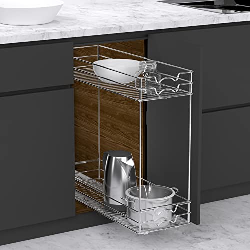 homdiy Pull Out Cabinet Organizer Slide Out Cabinet Organizer, 2-Tier Cabinet Pull Out Shelves Cabinet Drawers Slide Out (7" W x 21" D x 17" H) Kitchen Cabinet Storage Chrome Finish