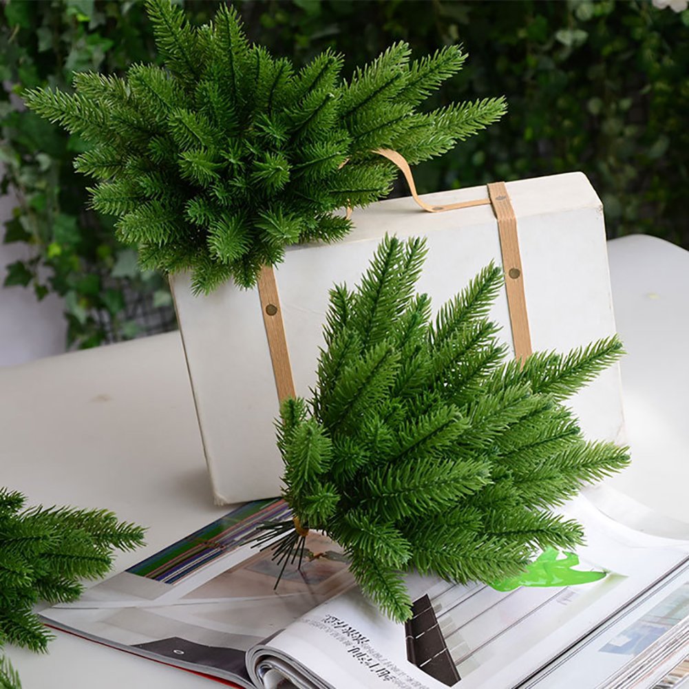 wonuu 25pcs Artificial Pine Green Leaves Needle Garland for Christmas Embellishing and Home Garden Decor, 11x4.7 Inches(Green-25 Pack)