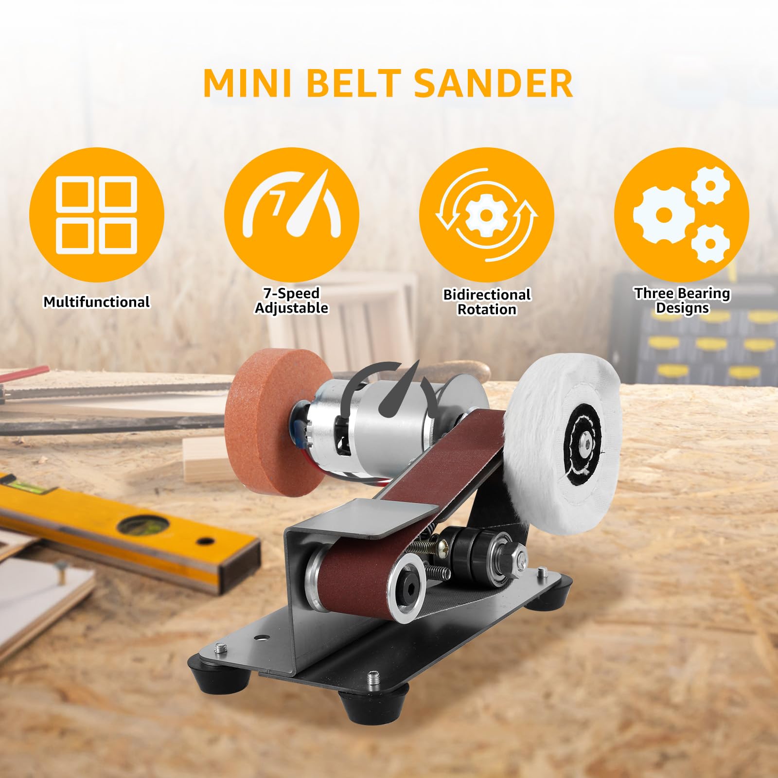 Mini Belt Sander, 15° Electric Knife Sharpener Bench Grinder Sanding Machine, 7 Adjustable Speed Electric Belt Grinder, Low Noise Cutter Sharpener Sander, Polishing Grinding Machine for Metal Jewelry