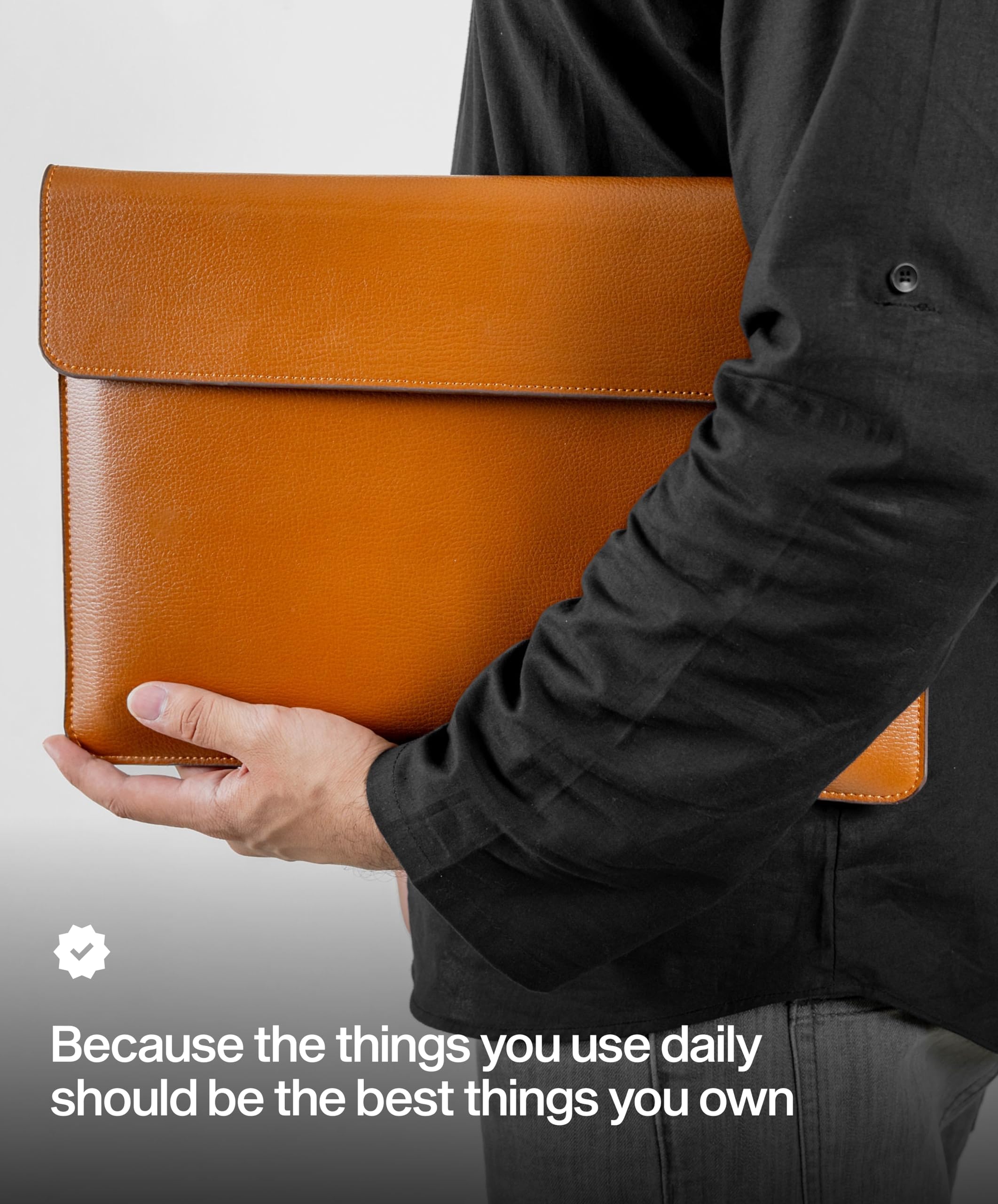 Dawn & Dusk's 15 inch Laptop Sleeve Compatible with MacBook Pro & MacBook Air, PU Leather, Vegan Friendly, Hand-Made, Magnetic Flap, Orange.