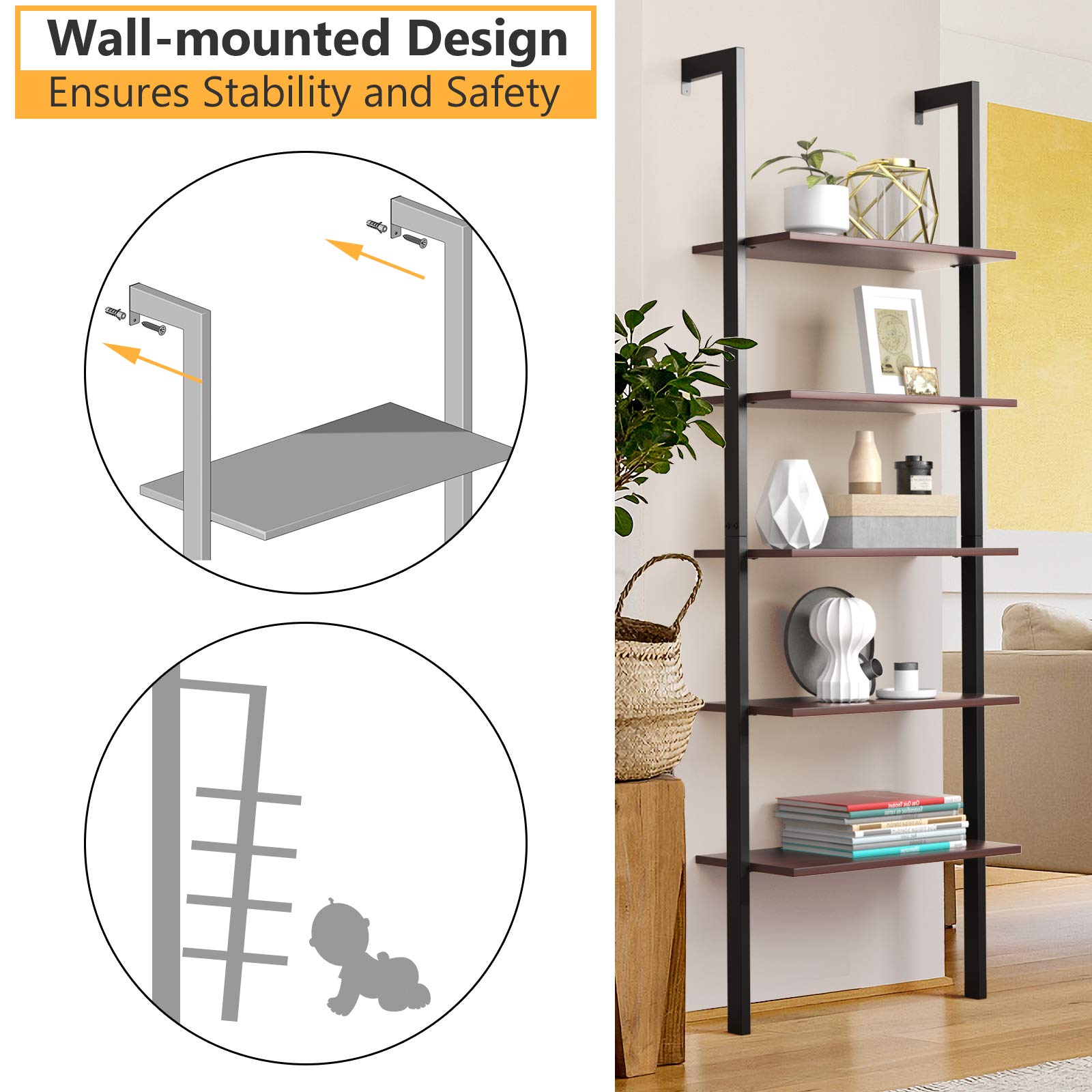 Tangkula Industrial Ladder Shelf Against The Wall, 5-Tier Ladder Bookshelf w/Metal Frame, 72 Inches Open Bookcase Plant Flower Stand Display Storage Rack for Home Office