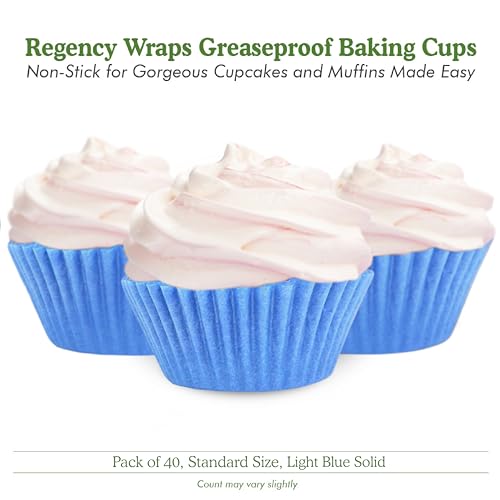 Regency Wraps Standard Baking Cups Greaseproof Professional Grade For Cupcakes and Muffins, Light Blue Solid, Pack of 40