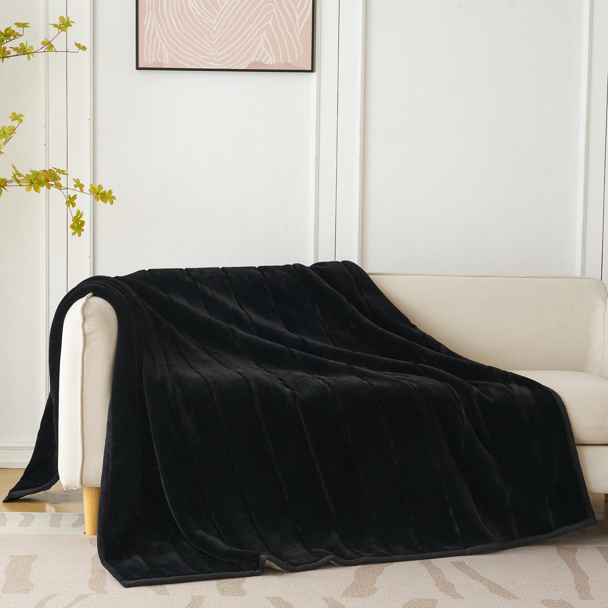 KORBLISS Faux Fur Quilt Twin Blanket for Couch, 480GSM Fuzzy Soft and Warm Coverlet Light Weight Quilted Blanket for Sofa, Chair, Bed, Bedroom, 60x80 Inches,Black Stripe