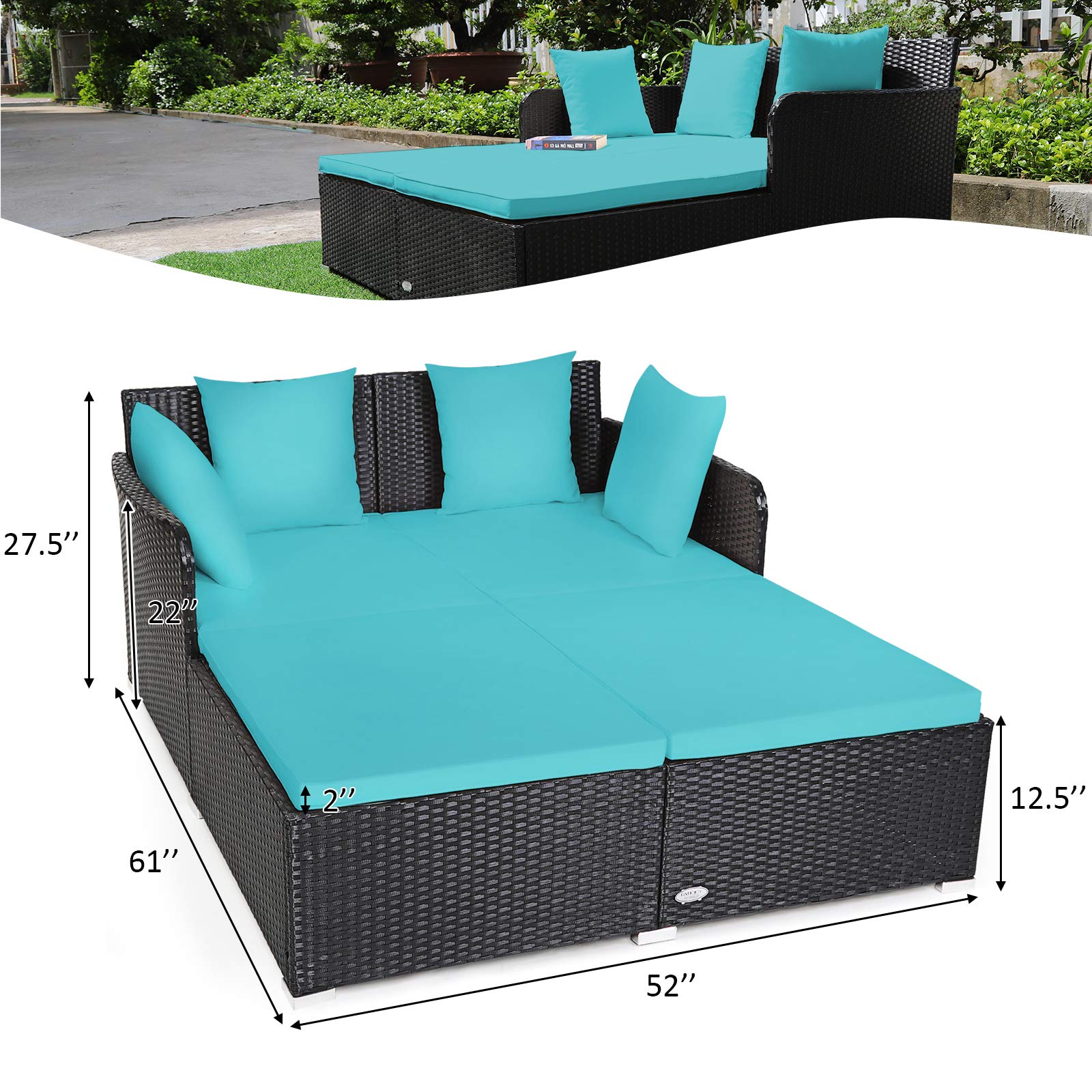 Tangkula Outdoor Rattan Daybed, Sunbed Wicker Furniture w/Spacious Seat, Upholstered Cushion & High-Resilience Sponge, Wicker Patio Sofa Set w/Extra Pillows for Courtyard Poolside(Turquoise)