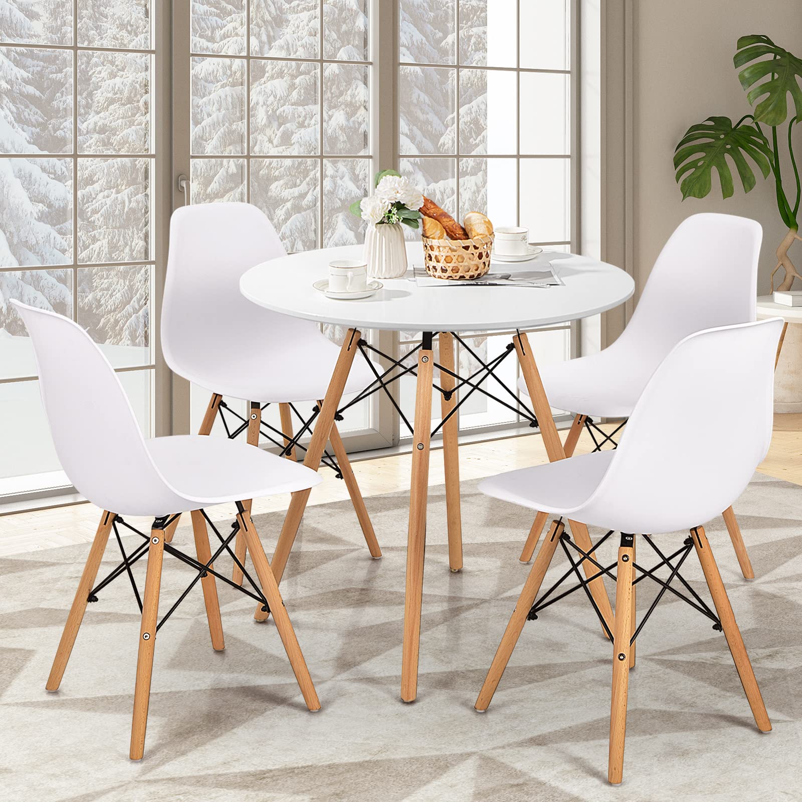 LDAILY Moccha Dining Table Set for 4, 5-Piece Kitchen Table Set with Round Dining Table & 4 Chairs, Breakfast Set with Solid Wood Legs, Modern Space-Saving Dinette Set for Dining Room, Kitchen, White