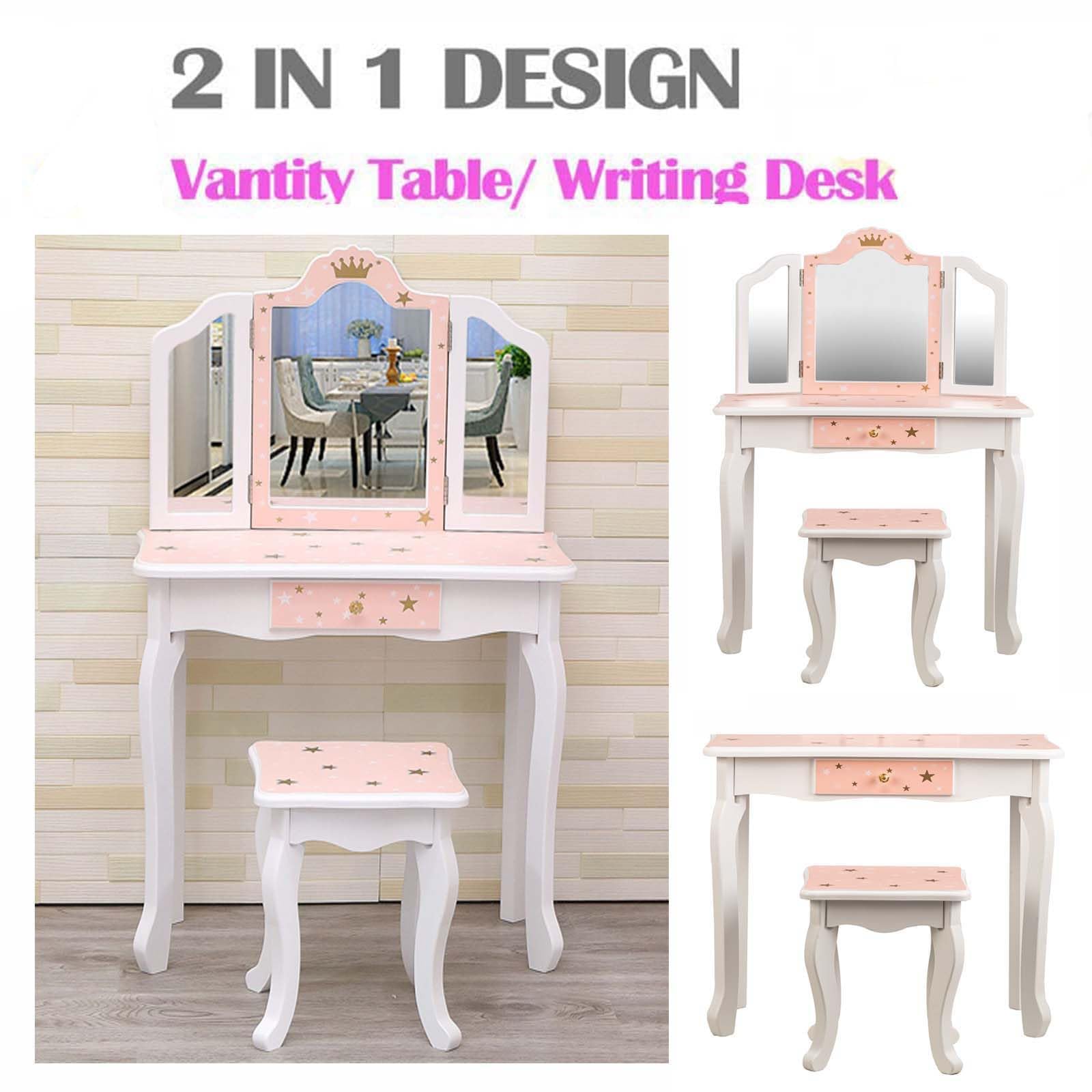 Hobbyfield 2-in-1 Princess Vanity Set,Princess Makeup Table with Mirror, Stool, Tri-Folding Mirror & Drawer,Pretend Play Dressing Table for Toddler Girls(Star Pink)