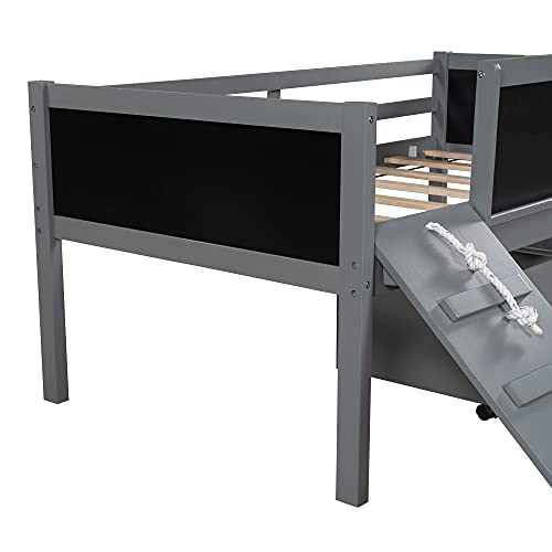 Low Loft Bed with Slide, Twin Loft Bed with Storage Boxes, Wood Twin Low Loft Bed Frame with Climbing Ladder and Chalk Board for Kids Boys Girls Teens, Grey