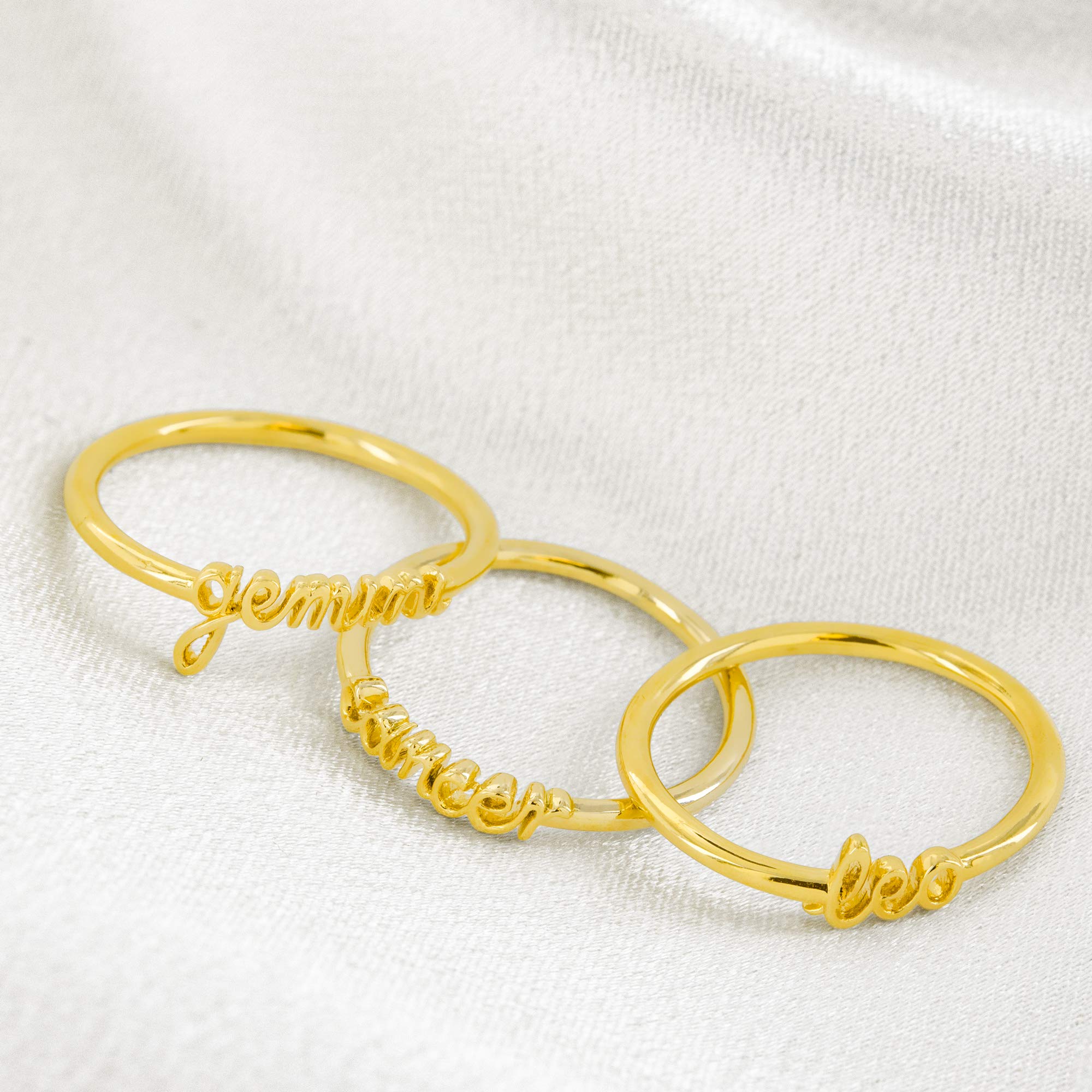 Columbus 14K Gold Plated Zodiac Script Ring - Dainty Everyday Letter Word Stacking Ring - Meaningful Jewelry for Women (Gemini, 7)