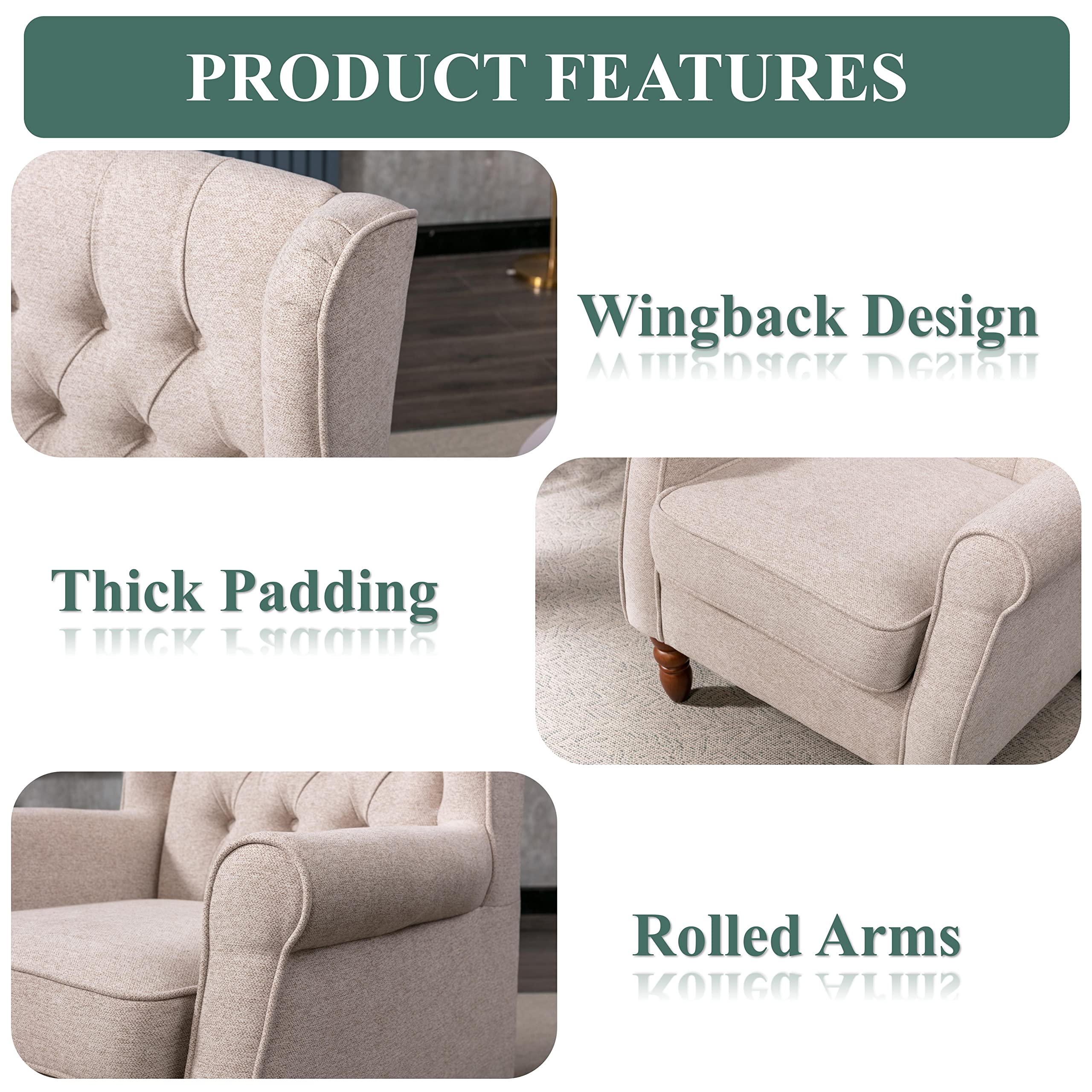 COLAMY Mid-Century Modern Living Room Accent Chairs, Thick Upholstered Button Tufted Wingback Armchair Fabric Sofa Arm Chair, Solid Wood Legs Padding Seat, Beige