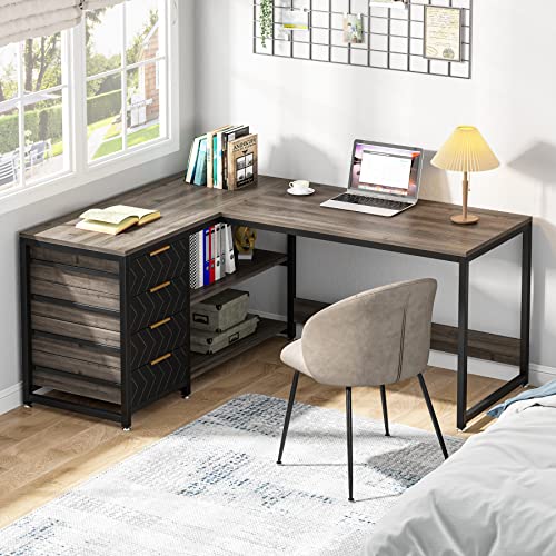 LITTLE TREE 59-Inch L Shaped Desk with Drawers, Large Computer Desk with Storage Shelves, Reversible L-Shaped Corner Desk Workstation for Home Office