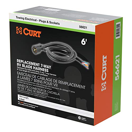 CURT 56621 Replacement 7-Pin RV Blade 7-Way Trailer Wiring Harness Plug, 6-Foot Blunt-Cut Wires, Boxed , black