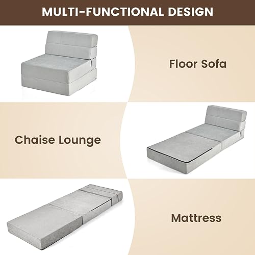RELAX4LIFE Folding Sofa Bed Chair - 3-in-1 Convertible Couch Sleeper, Floor Futon Couch w/Removable Cover & Full Padded Foam, Fabric Guest Sleeper Chair for Living Room, Study, Apartment (Grey)