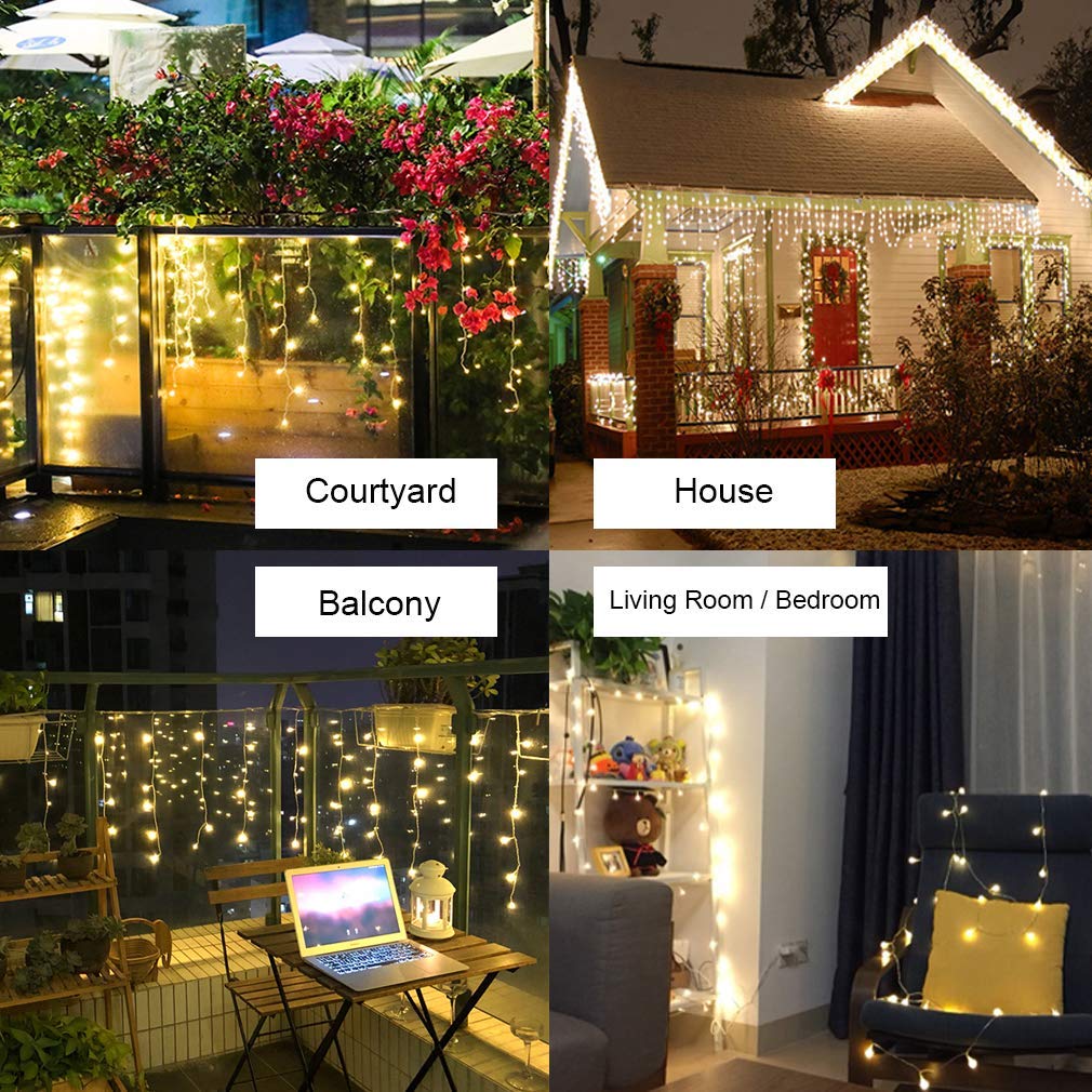 Curtain String Lights,Icicle Lights, Battery Operated,13ft(L) x 3.3ft(H),Remote,8 Mode,200 LED,Hanging Christmas Lights for Home Garden Patio Camping Party Window Balcony Decoration-Warm White