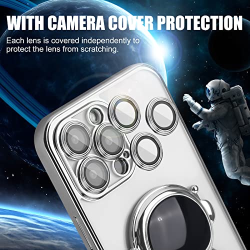 Newseego Compatible iPhone 12 Pro Max Case (6.7 Inch),Astronaut Hidden Stand Case with Lens Film Protective,Clear PC Back Cute Astronaut Stand with Chain Strap Plating Phone Case-Silver