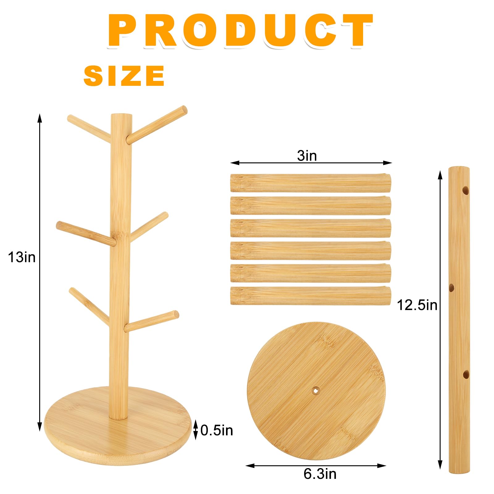 LDXDRU 2Pcs Mug Holder Tree, Bamboo Coffee Mug Holder, Coffee Mug Tree, Coffee Cup Holder with 6 Hooks Mug Stand for Countertop, Coffee Bar Accessories & Decor