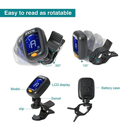 Clip On Guitar Tuner For All Instruments, Ukulele, Guitar, Bass, Mandolin, Violin, Banjo, Large Clear LCD Display For Guitar Tuner, Chromatic Tuner