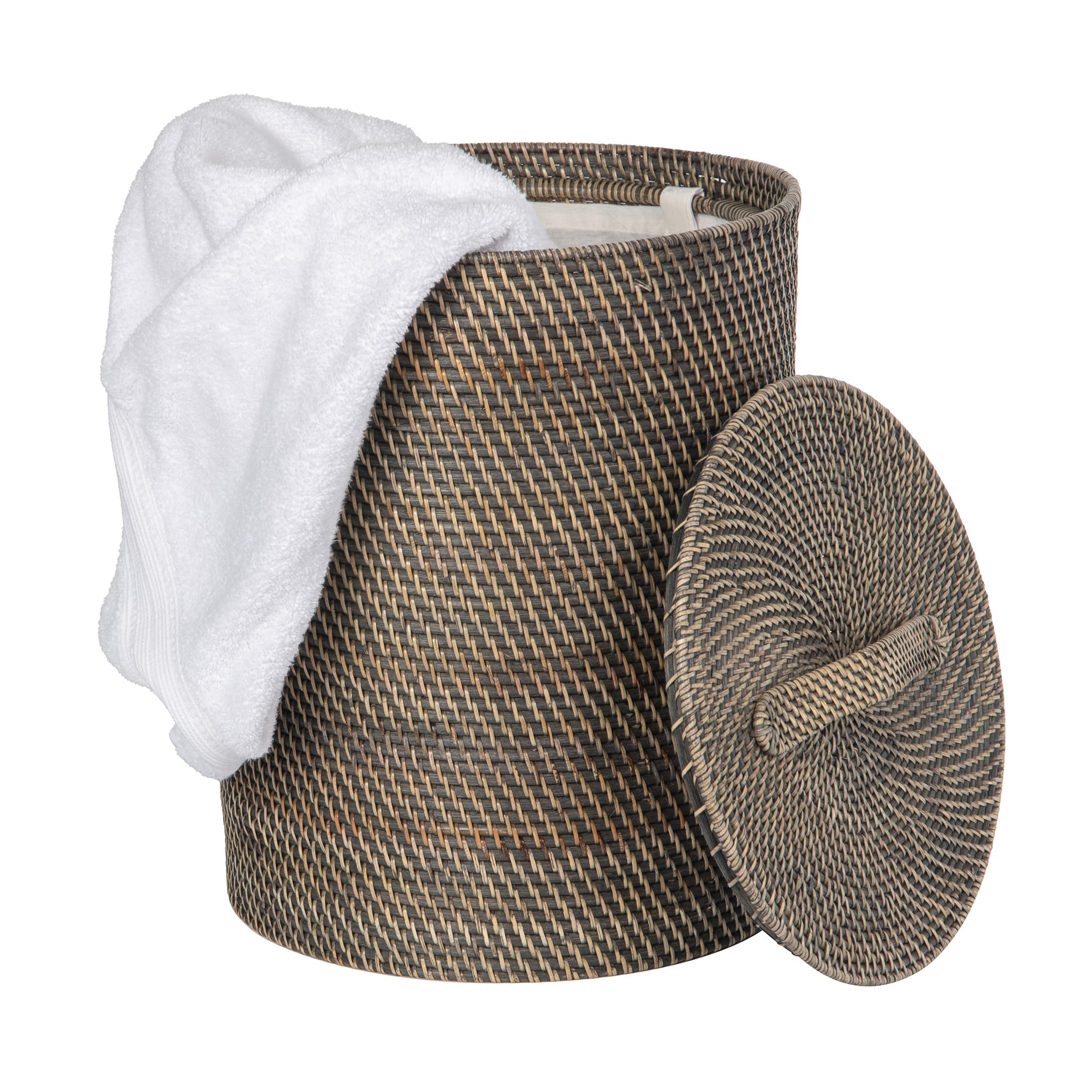 KOUBOO Round Rattan Laundry Hamper with Removable Liner and Lid - Coastal, Natural Decor Style - Small Size for Apartment Living - Stylish Addition for Your Home -18 in. height, Black-Wash