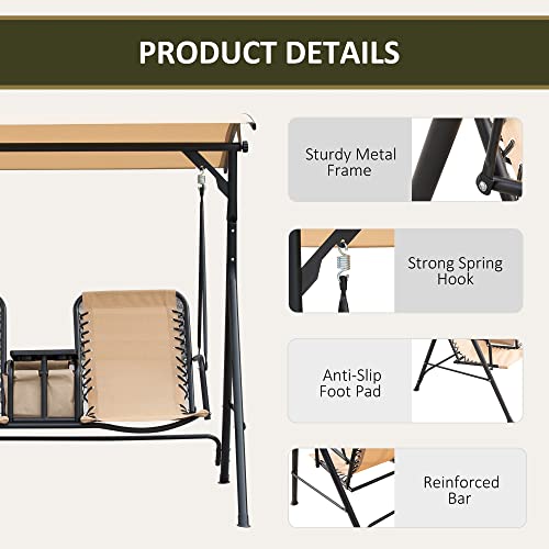 Outsunny 2-Seat Patio Swing Chair, Outdoor Canopy Swing Glider with Pivot Storage Table, Cup Holder, Adjustable Shade, Bungie Seat Suspension and Weather Resistant Steel Frame, Beige
