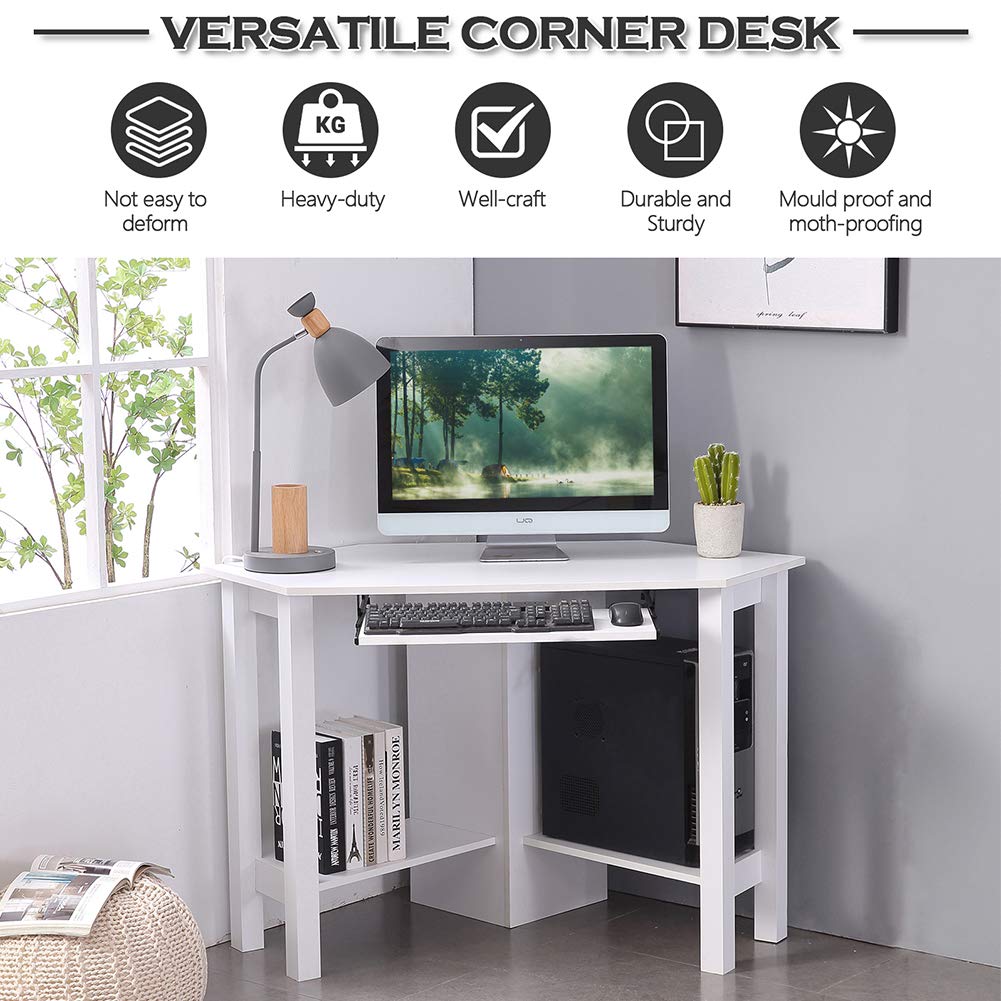 Corner Desk Writing and Study Corner Computer Desk with Keyboard Tray Storage Shelves,Wooden Compact Home Office Desk,47 inch, White
