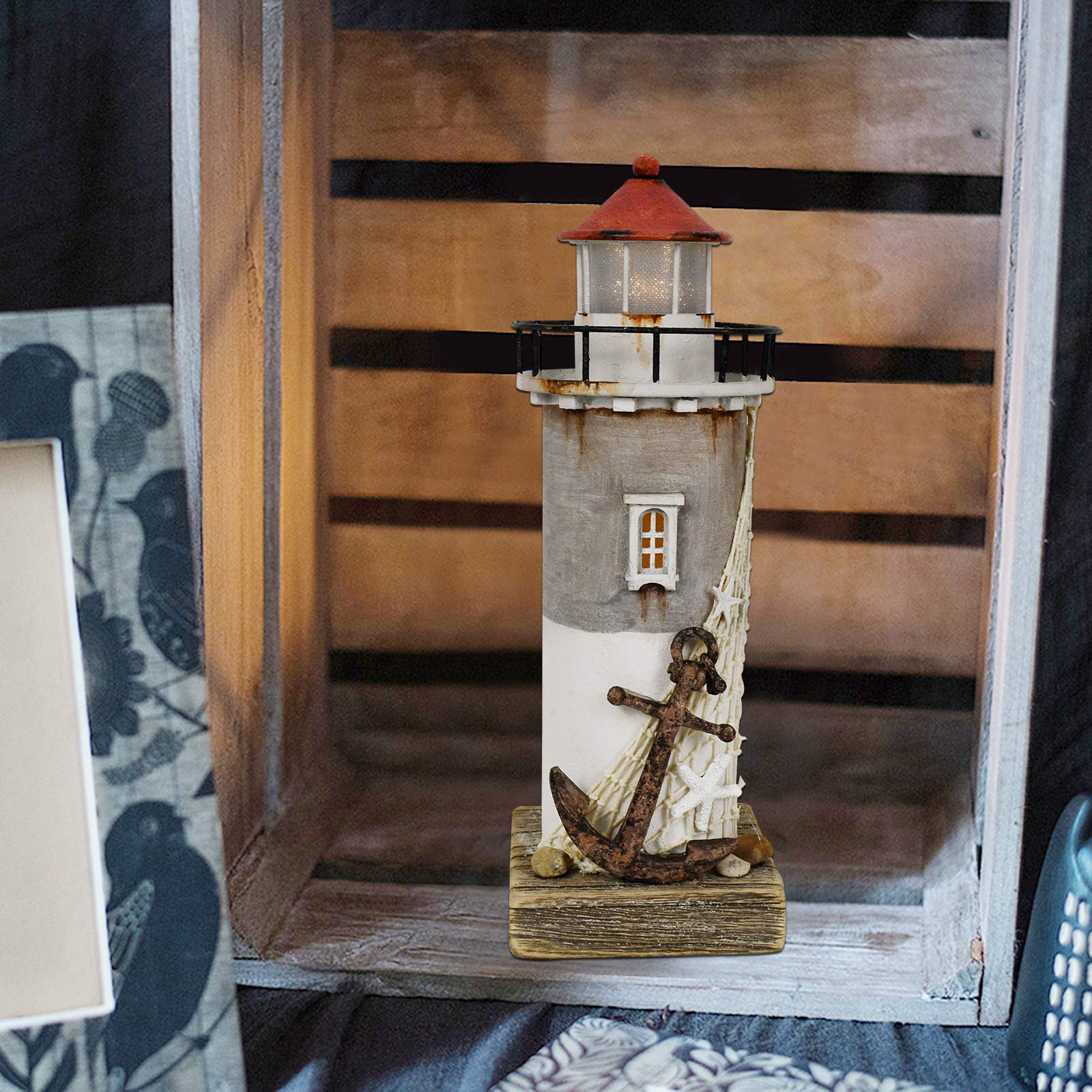 Wooden Lighthouse Decor with Light, Decorative Nautical Lighthouse Rustic Ocean Sea Beach Themed Lighthouse Decoration, Handcrafted Tabletop Nautical Themed Home Decor Bathroom Decor (11.4“H)