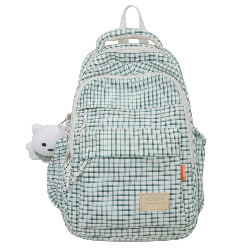 Kawaii Backpack with Cute Accessories Large Capacity Checkered Plaid Rucksack for Women Trendy Aesthetic Casual Daypack (Green)