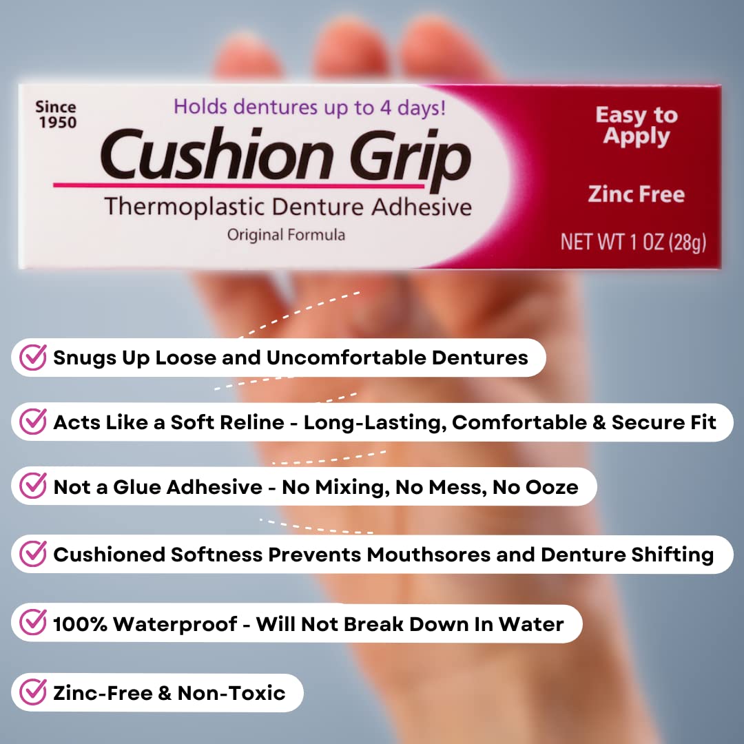 Cushion Grip 10 Gram Trial Tube | Fills The Gaps and Makes Your Loose Upper and Lower Dentures Fit Snug Again [Not A Denture Glue Adhesive, Acts Like A Soft Liner for False Teeth]