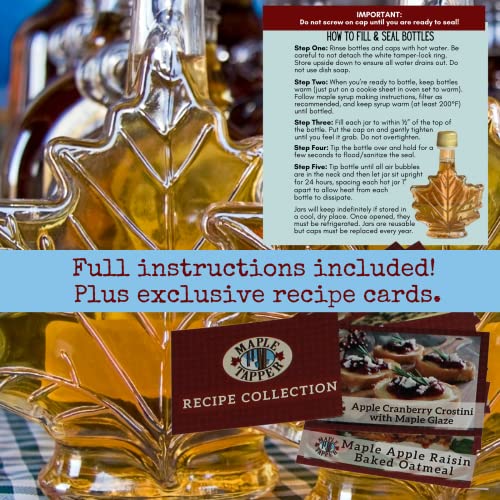 Maple Tapper Glass Maple Syrup Bottles Jars (Set of 3) with (6) Self-Sealing Caps – Reusable Leaf Shaped, Food Grade Canning Bottles 250 ml, 8.4 oz for Sugarmaking & 5 Recipe Cards, Instructions